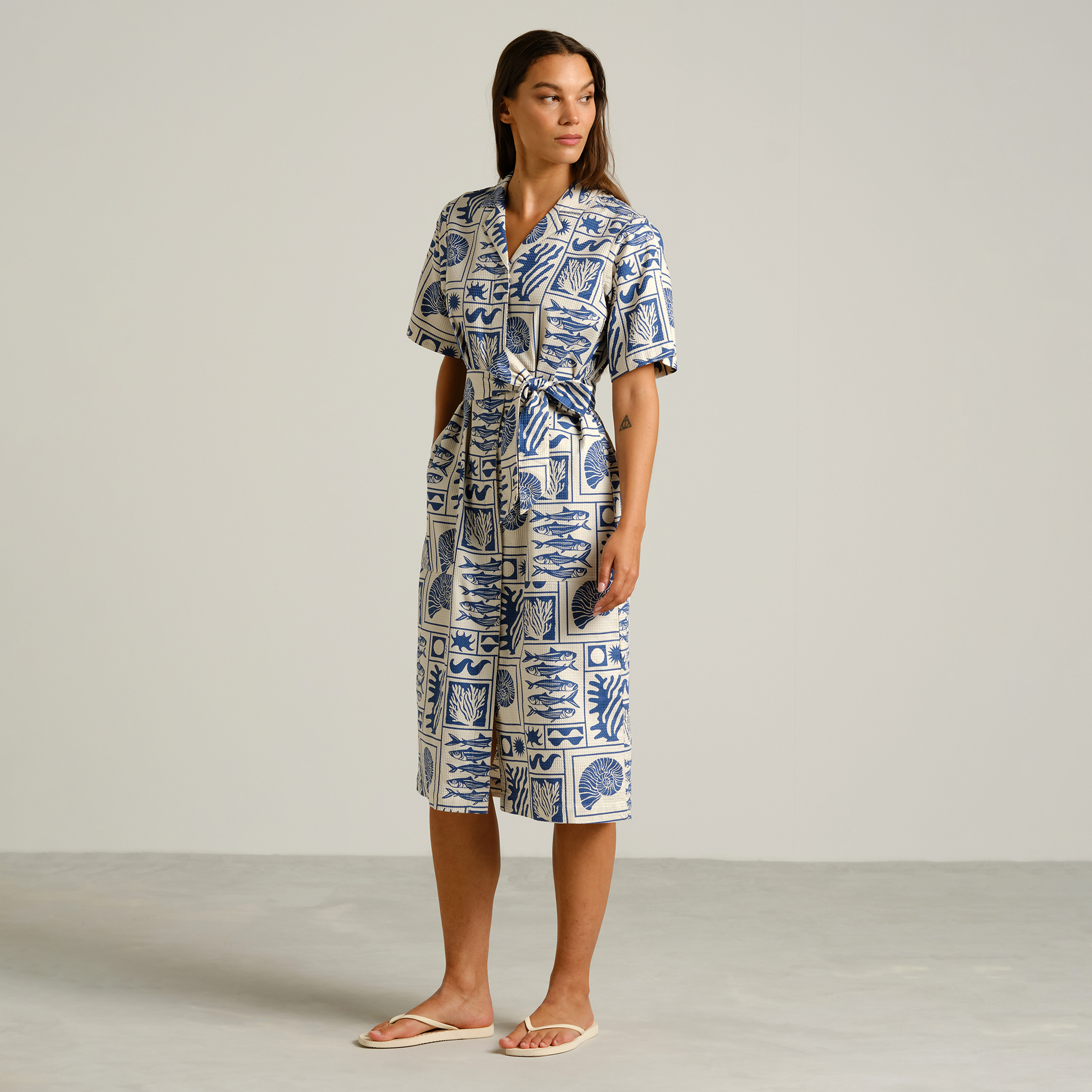 DEDICATED - Shirt Dress Orrefors Ocean Squares Oat White